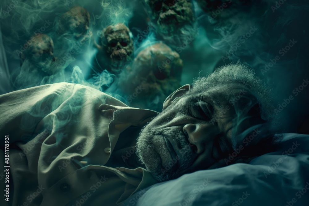 Darkness and fear envelop elderly figure bringing terror to his rest ...