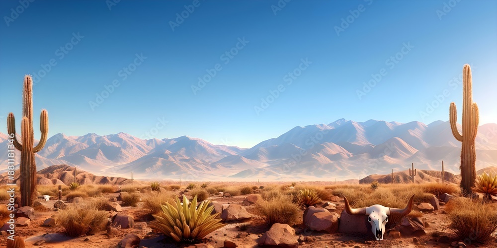 Desert landscape with cactus stones bull skulls and mountains for 2D ...