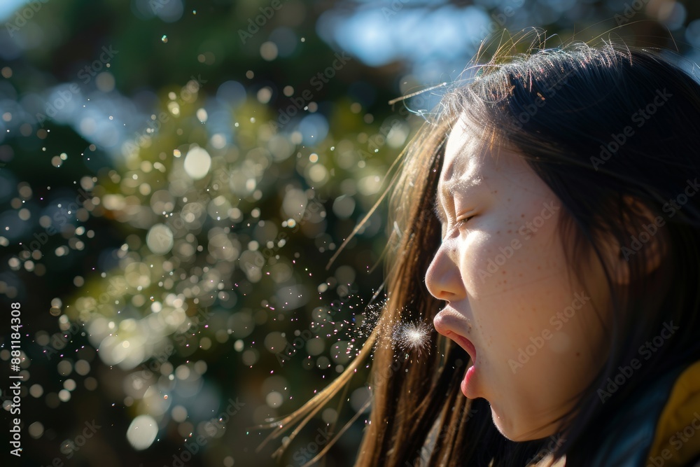 Captured sneeze of asian teen showing virus and allergy symptoms. Asian girl sneezes scattering ...