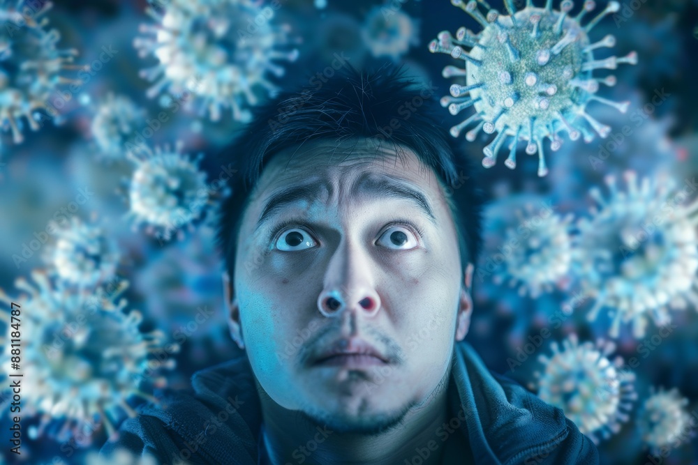 Alarmed figure notices hazardous germs floating close proximity. Caught ...