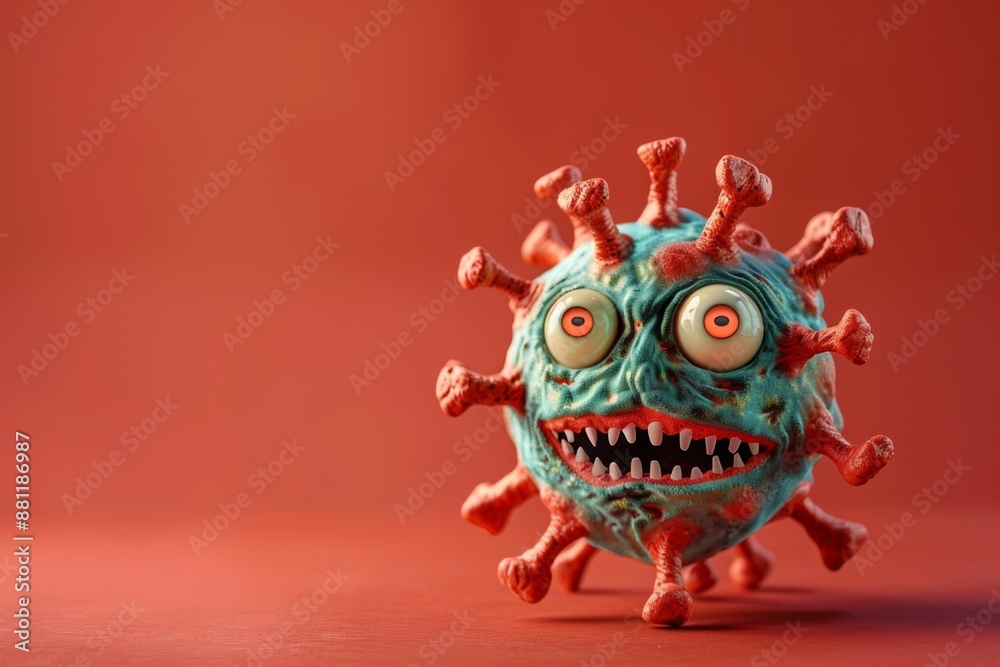 Isolated single virus character red displaying animated scared look ...