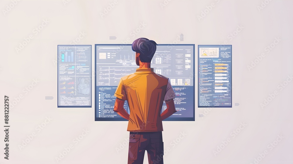 indian man programmer standing in front of a screen with code projected ...