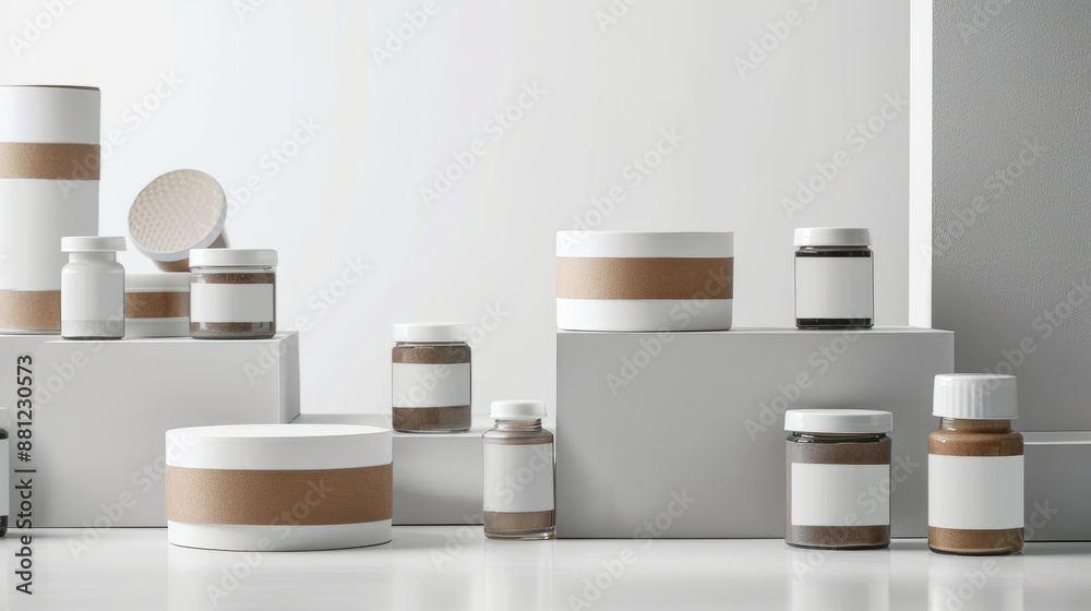 Blank labeled products on neutral white to gray gradient background ...