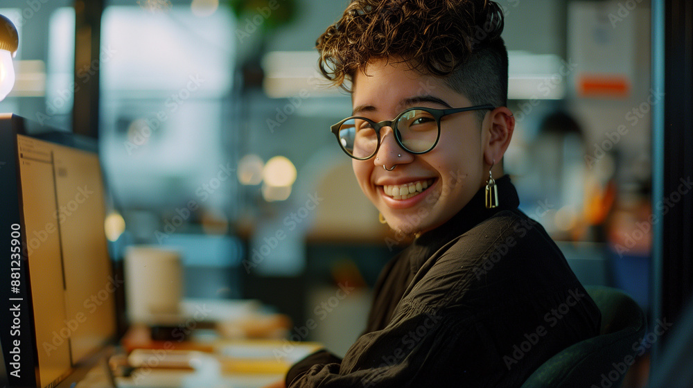 Smiling non-binary gender neutral employee working at computer in ...