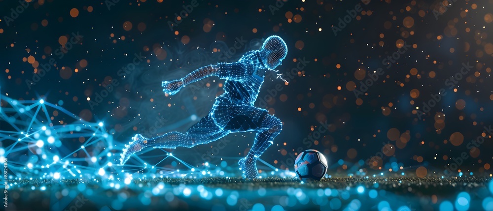 blue digital soccer player with glowing data , artificial intelligence ...
