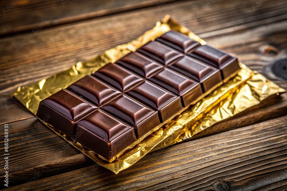 Rich dark chocolate bar with velvety smooth surface and golden wrapper ...