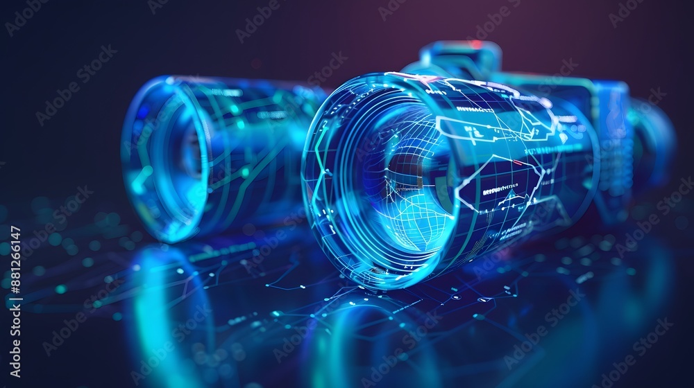digital blue binocular with data streams, ai in visual recognition ...