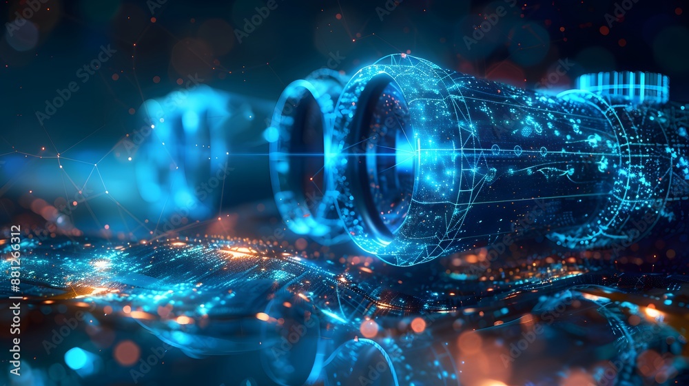 Foto de digital blue binocular with data streams, ai in visual ...
