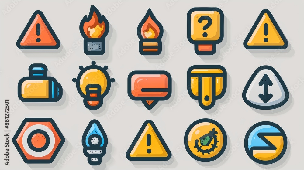 Line icon set of alert, risk sign signs. Caution, warning, exclamation ...