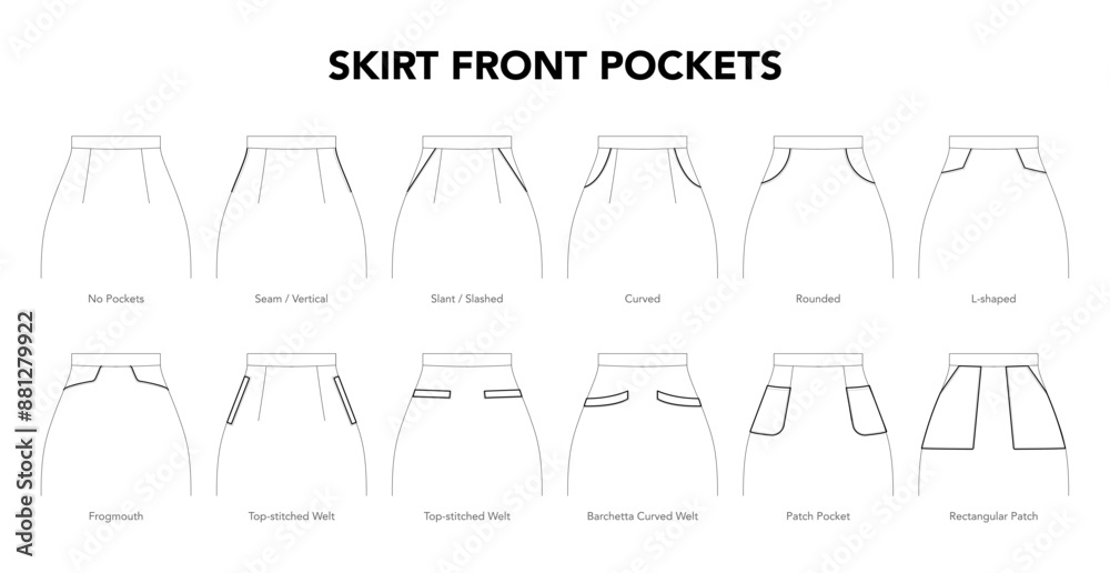 Set of Skirt Front Pockets styles - Seam Vertical, Slant Slashed ...