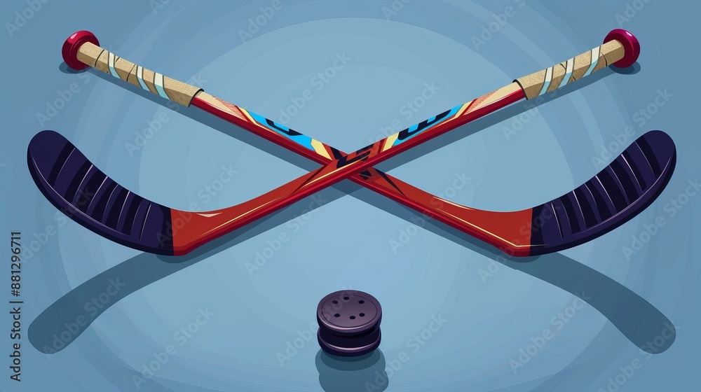 Stylized illustration depicting crossed hockey sticks with a puck on a ...