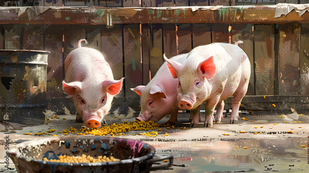 Three adorable pigs are contentedly eating their feed in a muddy ...