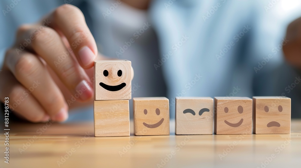 A collection of wooden blocks on a table showing faces with various ...
