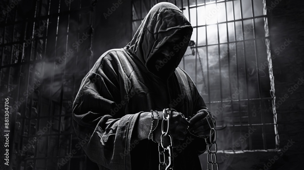 A hooded figure in heavy robes is restrained by chains in a dimly lit ...