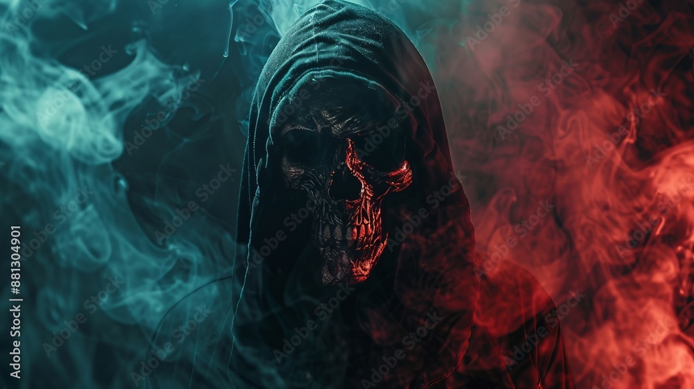 A fearsome skull wearing a hood is depicted amidst swirling red and ...
