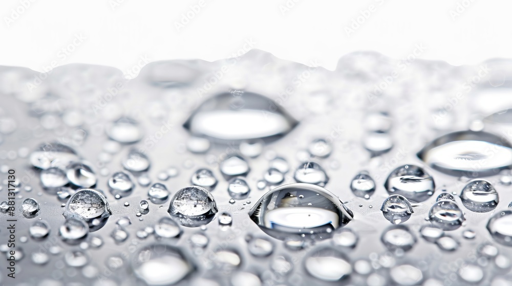 Clear water droplets of various sizes on a reflective surface ...