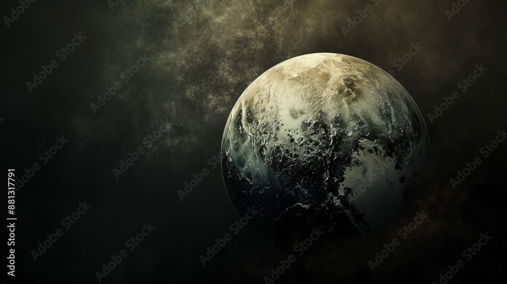 A dark and enigmatic planet in the depths of space, featuring detailed ...
