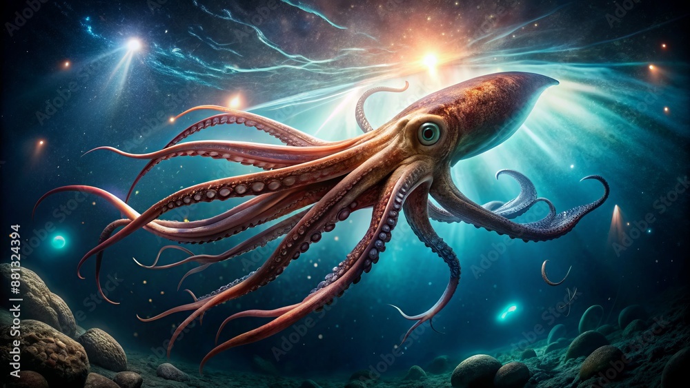 A majestic giant squid swims solo in the dark mysterious depths of the ...