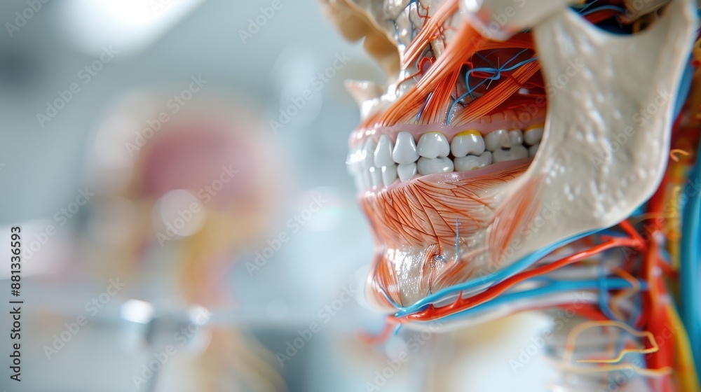 A close-up of an anatomical model showcasing teeth, muscles, and nerves ...