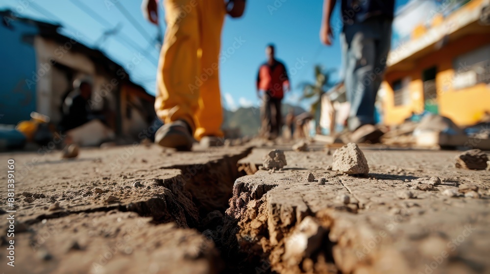 An image of people walking along a cracked and disrupted ground ...