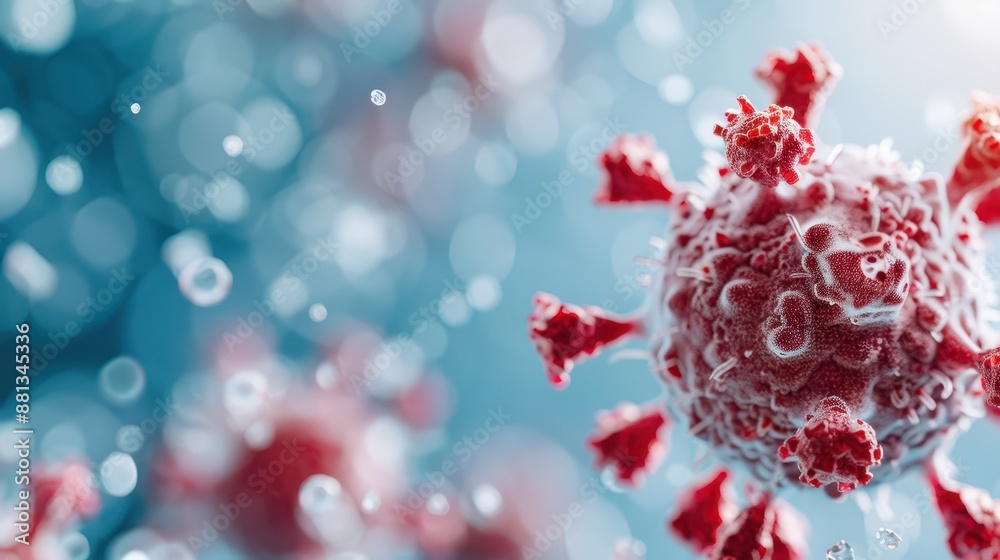 This high-detail render shows red virus particles with spiky protrusions floating in a blurred ...