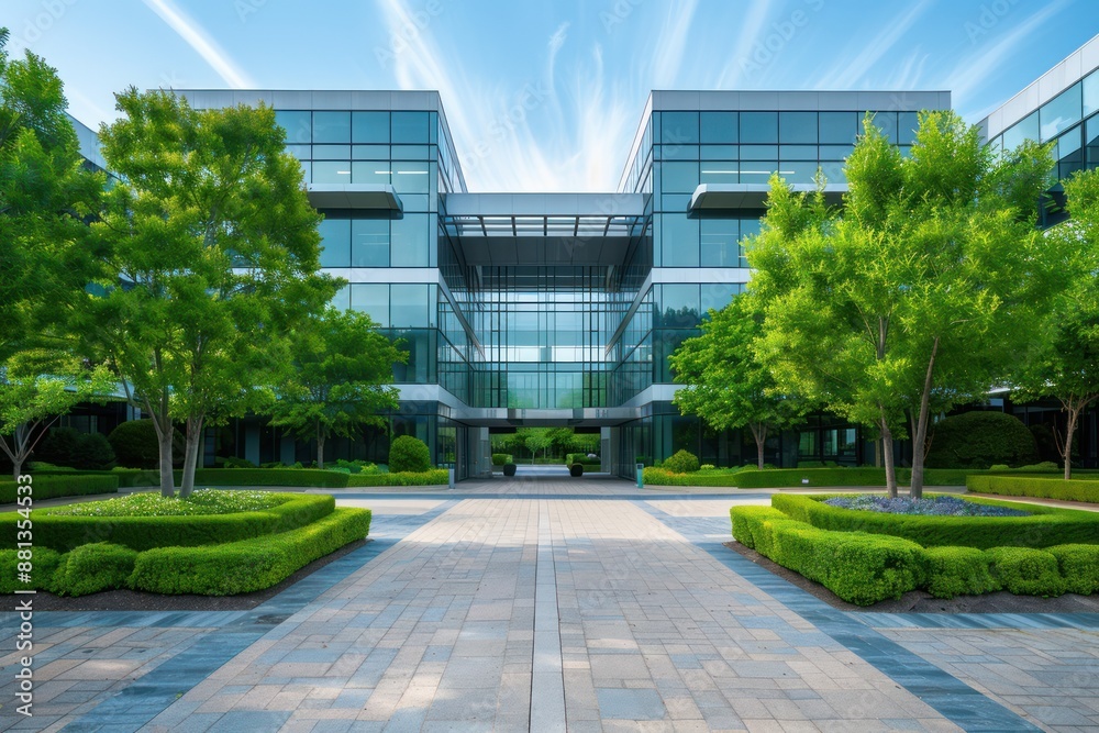 Wide Scene of a Bustling Modern Corporate Campus with Lush Landscaping ...