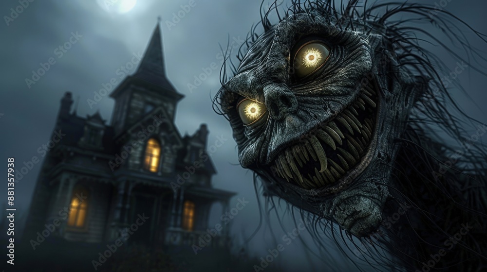 Creepy haunted house with eerie creature in the foreground under a ...