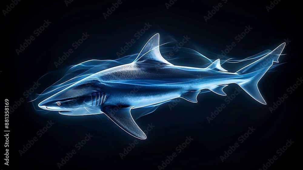 A photorealistic depiction of a bioluminescent shark swimming in the ...