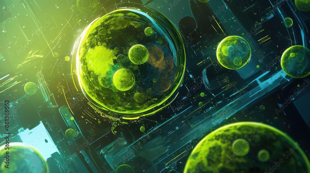 Cells under a microscope with proteomics data overlays, vibrant green ...