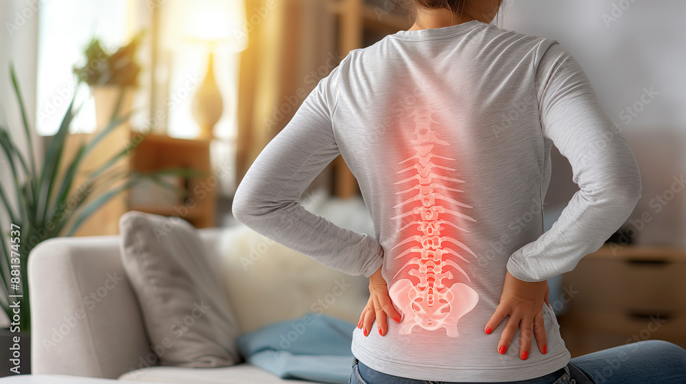 Lumbar intervertebral spine hernia, woman with back pain at home ...