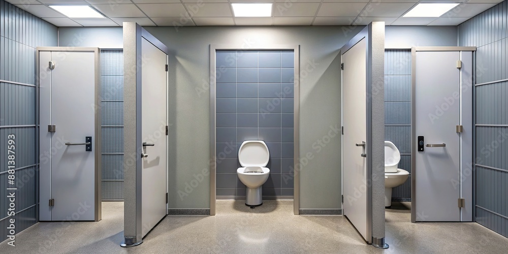 Closed cubicle doors in a public restroom Public toilet cubicles Clean ...
