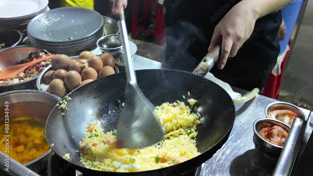 Chef flip fried rice or com chien with seafood on wok at outdoor ...