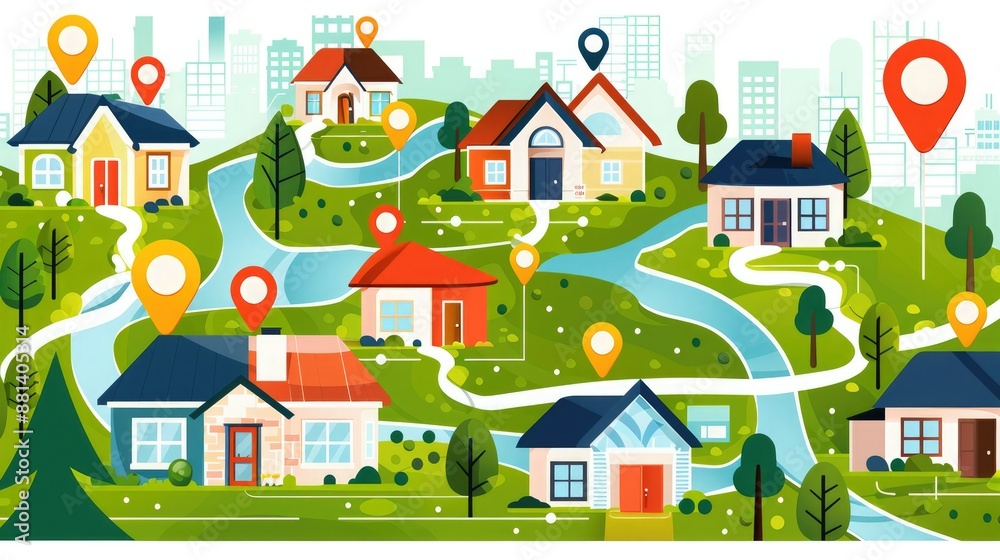 Illustrated map of a suburban neighborhood with houses, trees, and ...