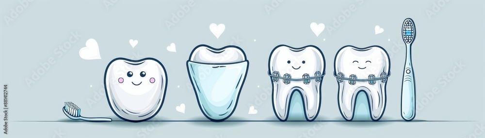 Cute cartoon illustration showing various stages of dental care ...