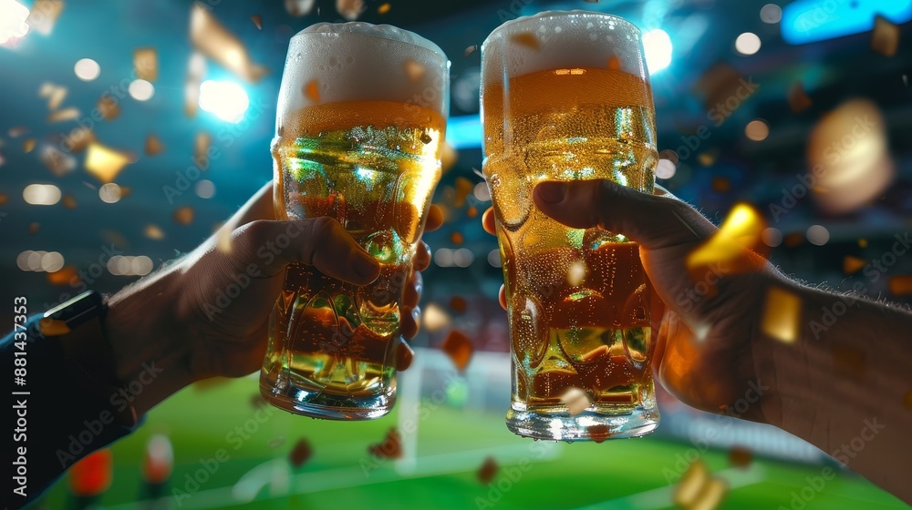 friends clinking beer mugs with hands on a football soccer stadium ...
