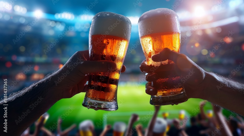 friends clinking beer mugs with hands on a football soccer stadium ...