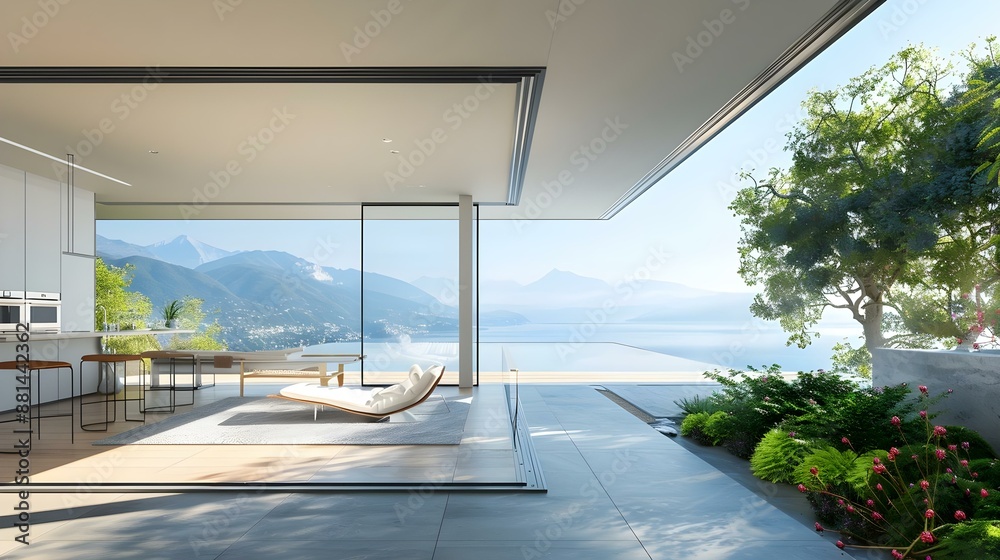 Beautiful interior of a modern villa with a view from the veranda Stock ...