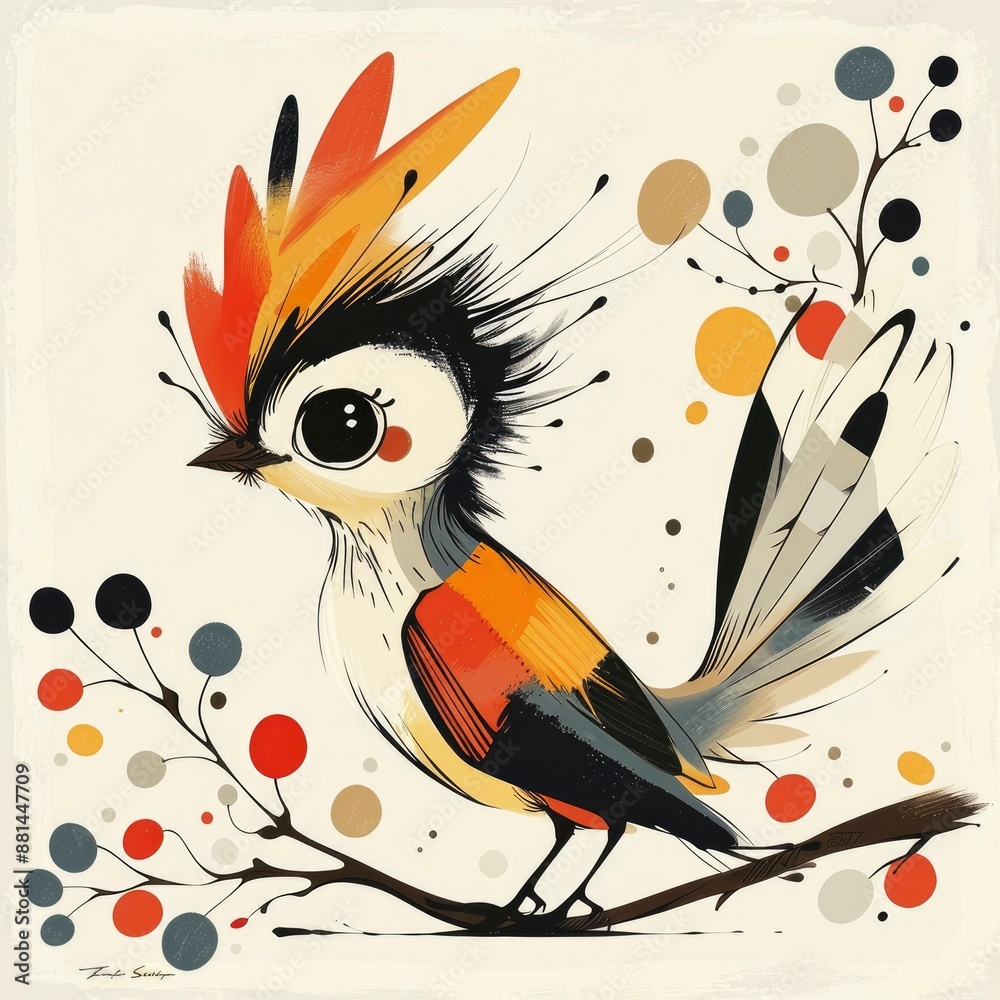 Cute rooster, lines, flat illustration, doodle, dots and circles ...