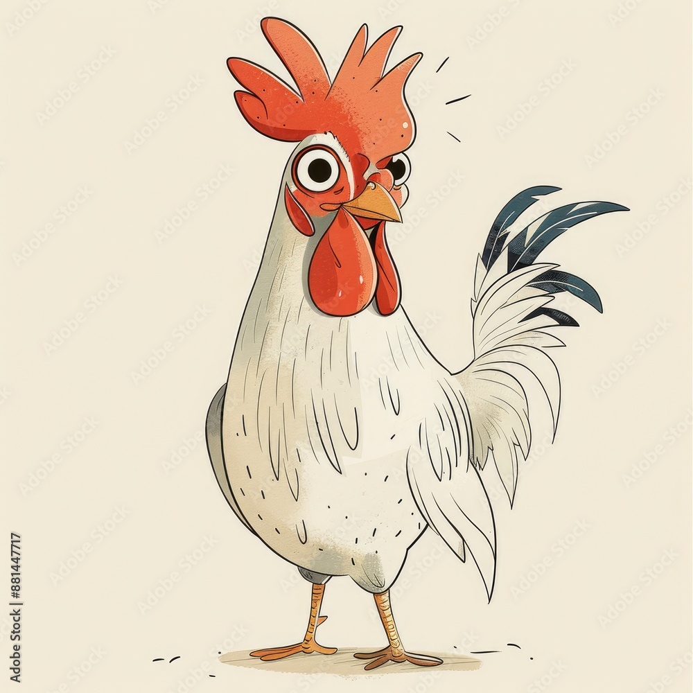 Cute rooster, lines, flat illustration, doodle, dots and circles ...