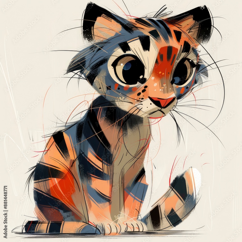Cute tiger, lines, flat illustration, doodle, dots and circles, strokes ...