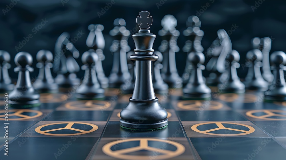 High-resolution shot of chess pieces on a board with peace symbols ...