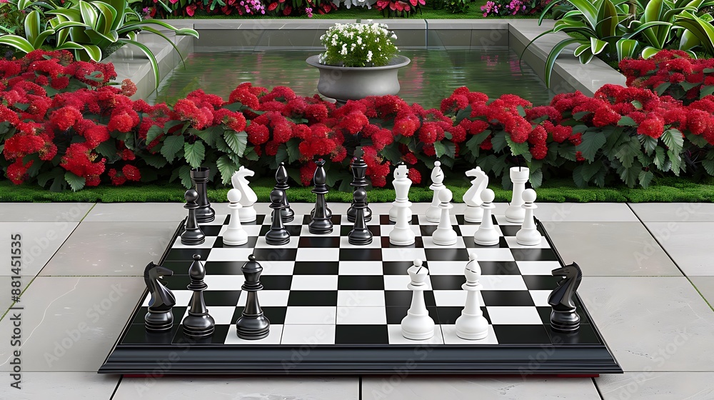 High-resolution photo of a chess board set up in a peaceful garden ...