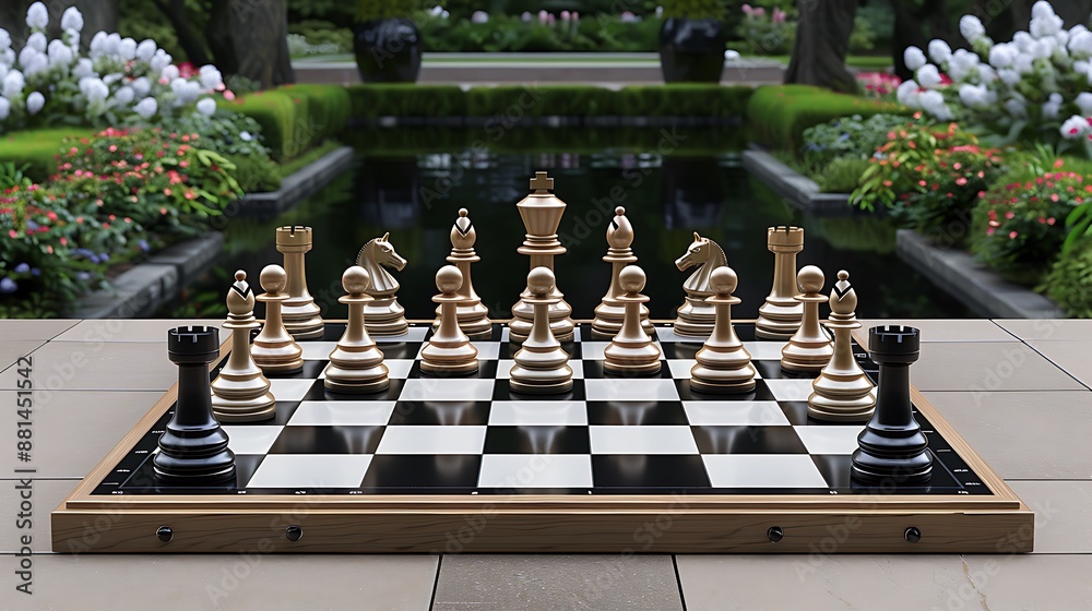 High-resolution photo of a chess board set up in a peaceful garden ...