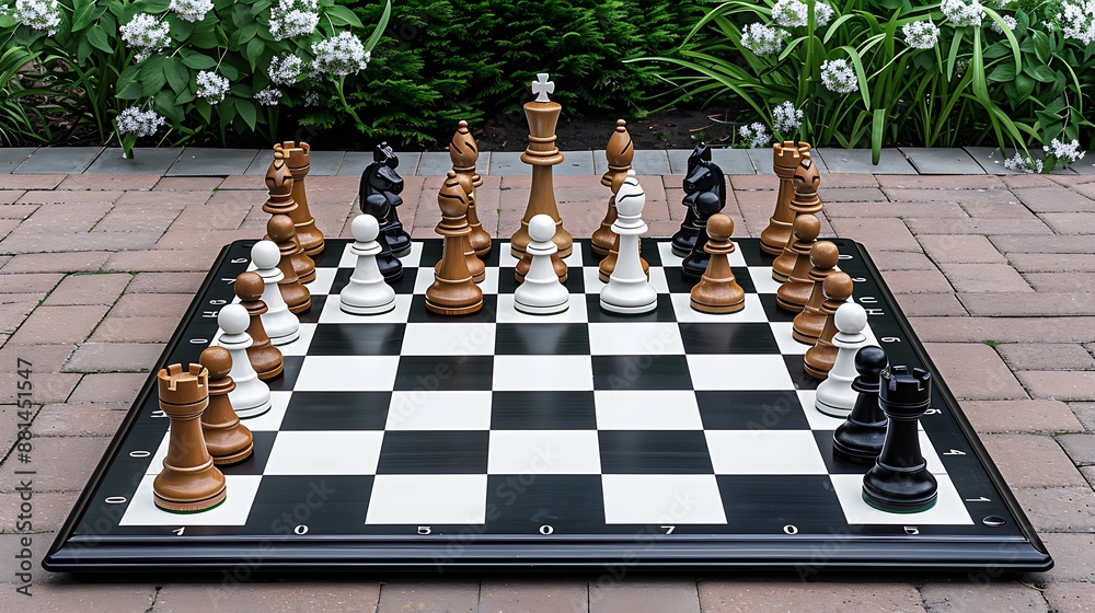 High-resolution photo of a chess board set up in a peaceful garden ...