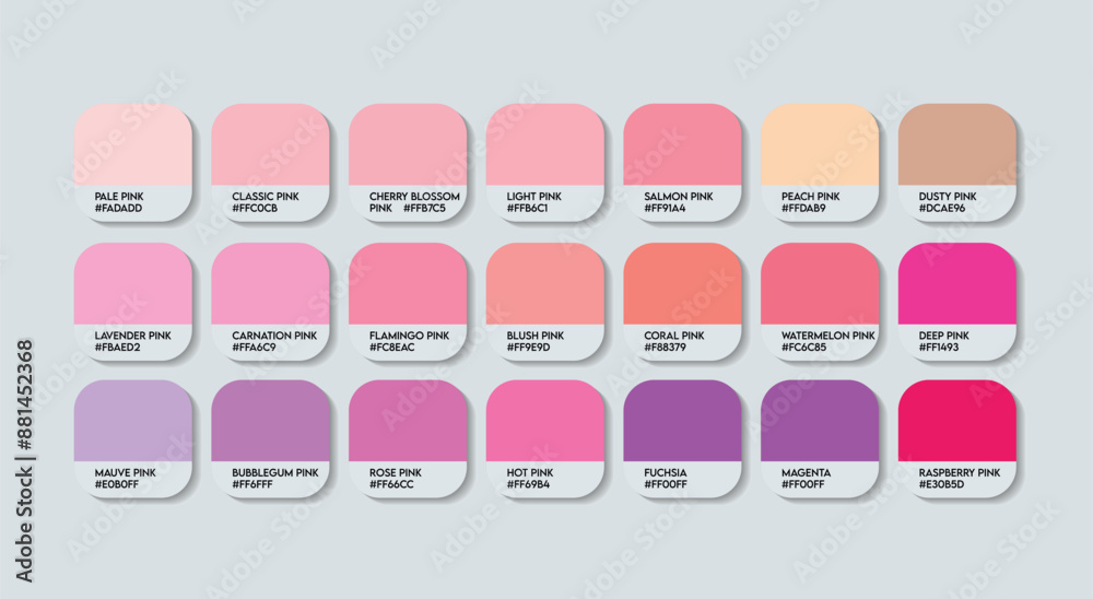 Pink Color Guide Palette with Color Names. Catalog Samples Pink with ...