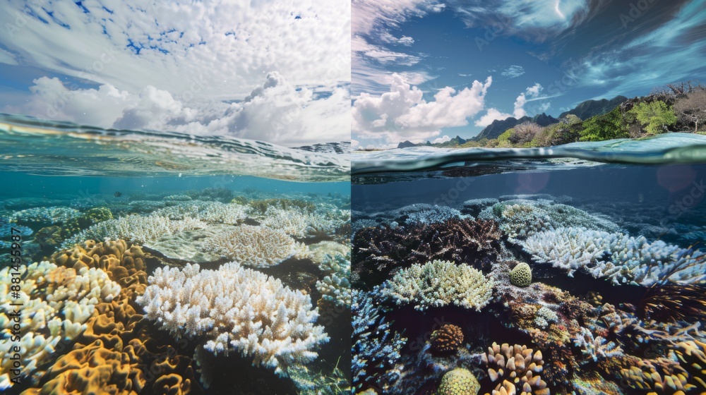 A before-and-after image set showing a healthy coral reef and a ...