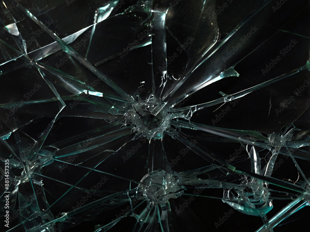 shattered broken glass window on a black background, for overlay and ...