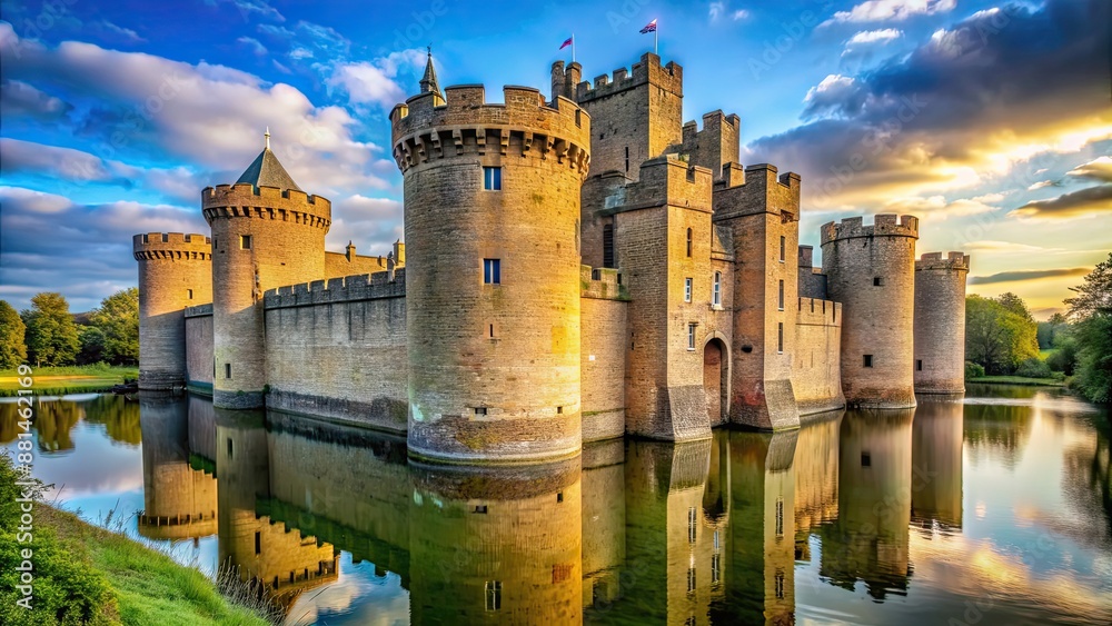 Medieval castle with towers, walls, and a moat, fortress, historical ...
