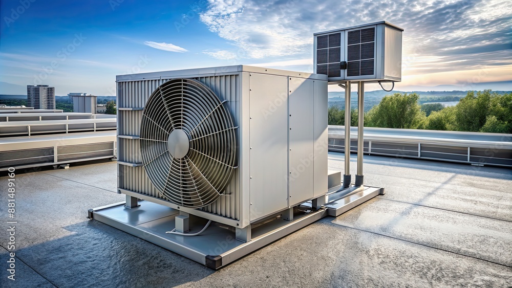 Rooftop condenser unit with motor, pump and fan for HVAC system ...