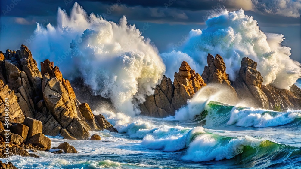 Powerful waves crashing against jagged rocks, stormy, ocean, rough seas ...